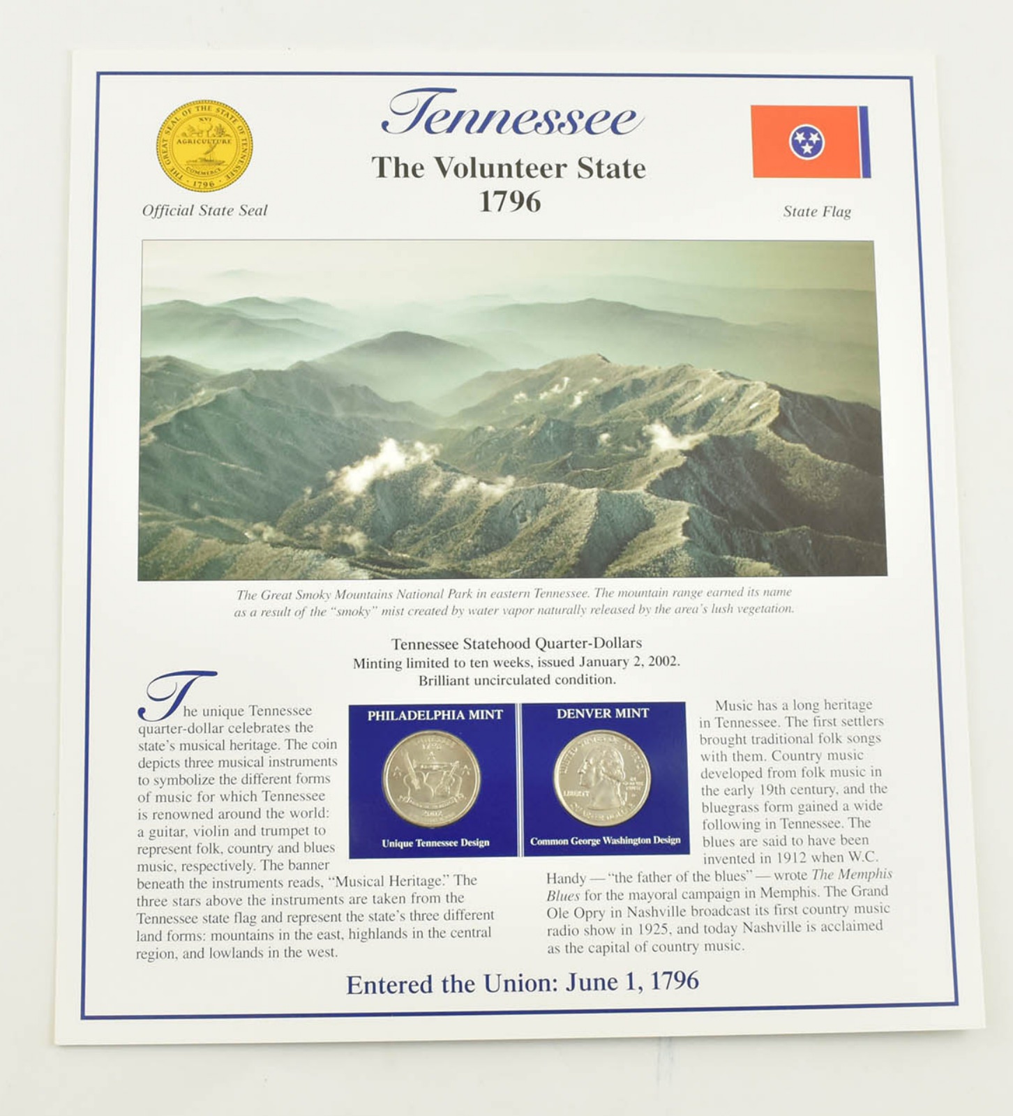 US Stamp & 2 CoinState Quarter Beautifully Displayed Coin Set Story ...