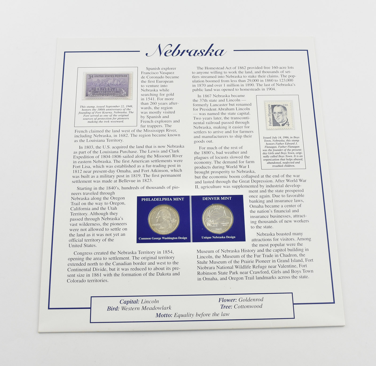 US Stamp & 2 CoinState Quarter Beautifully Displayed Coin Set Story ...