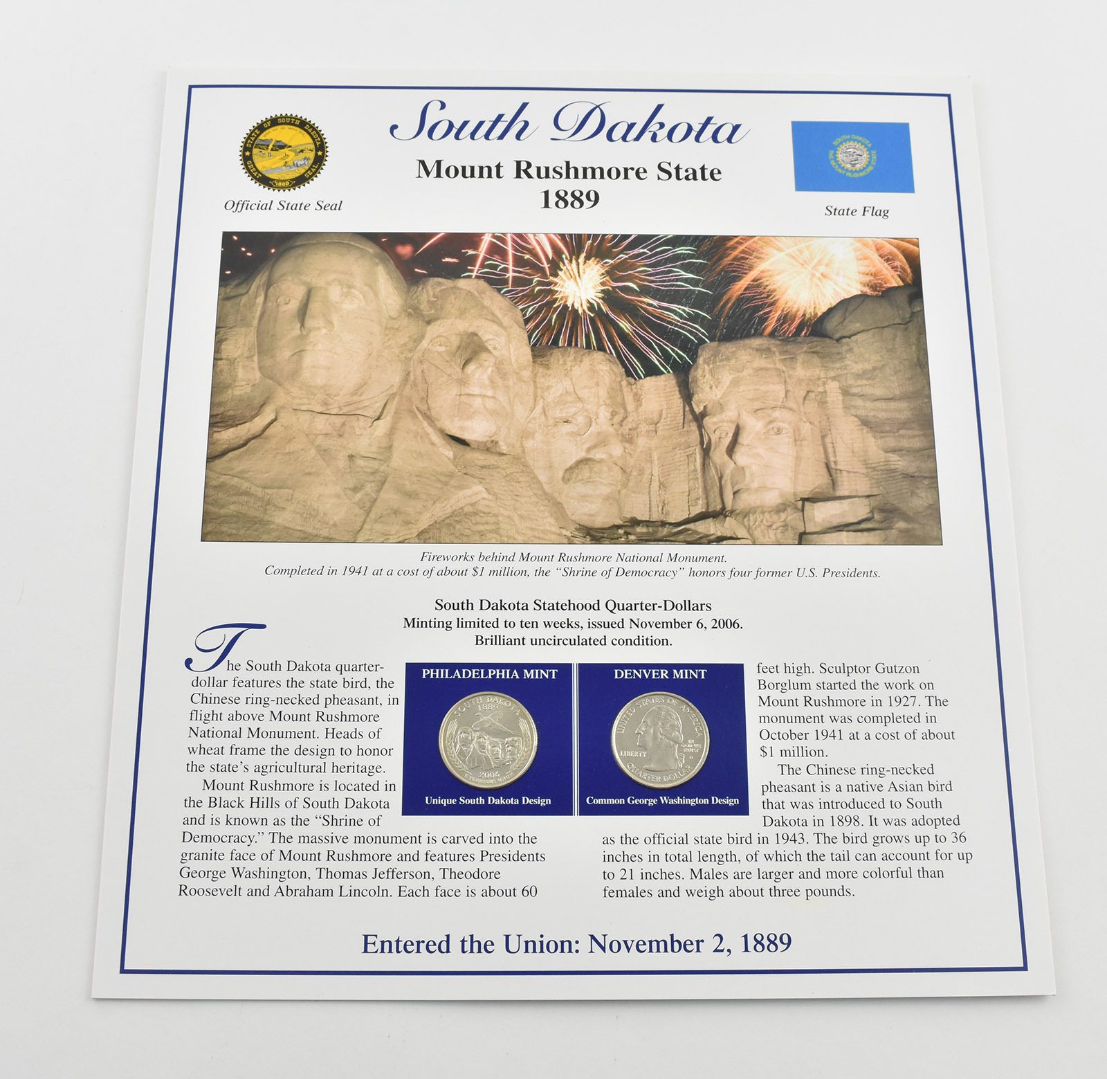 US Stamp & 2 CoinState Quarter Beautifully Displayed Coin Set Story ...