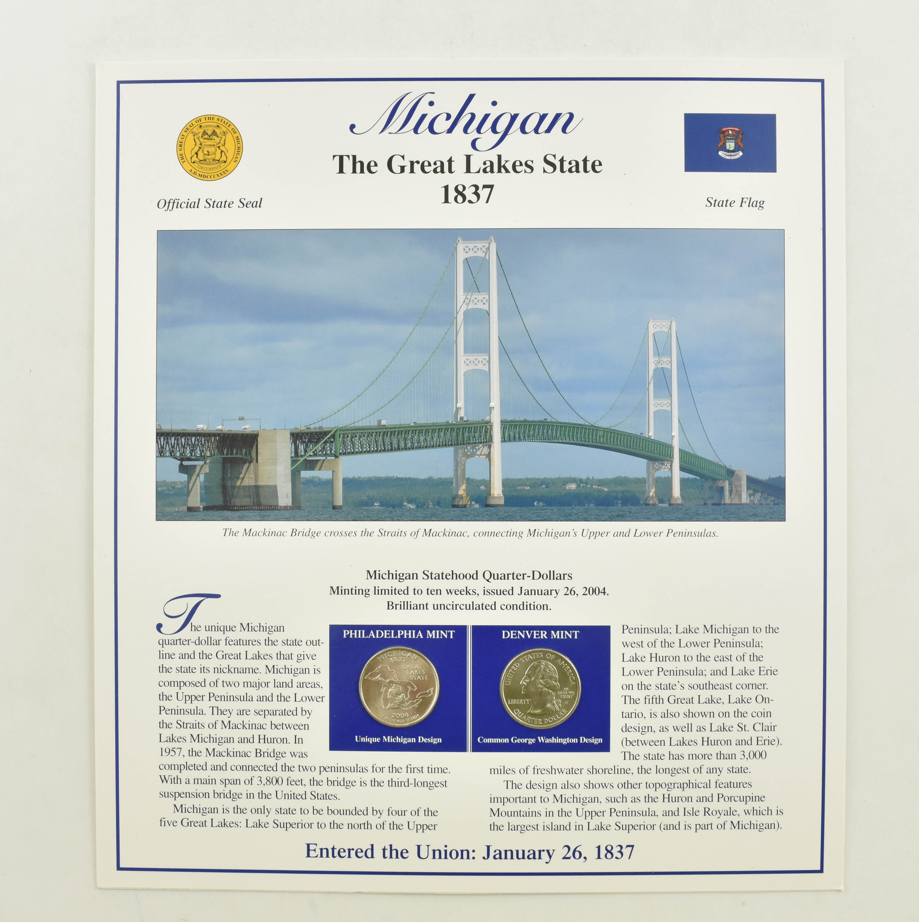 US Stamp & 2 CoinState Quarter Beautifully Displayed Coin Set Story ...