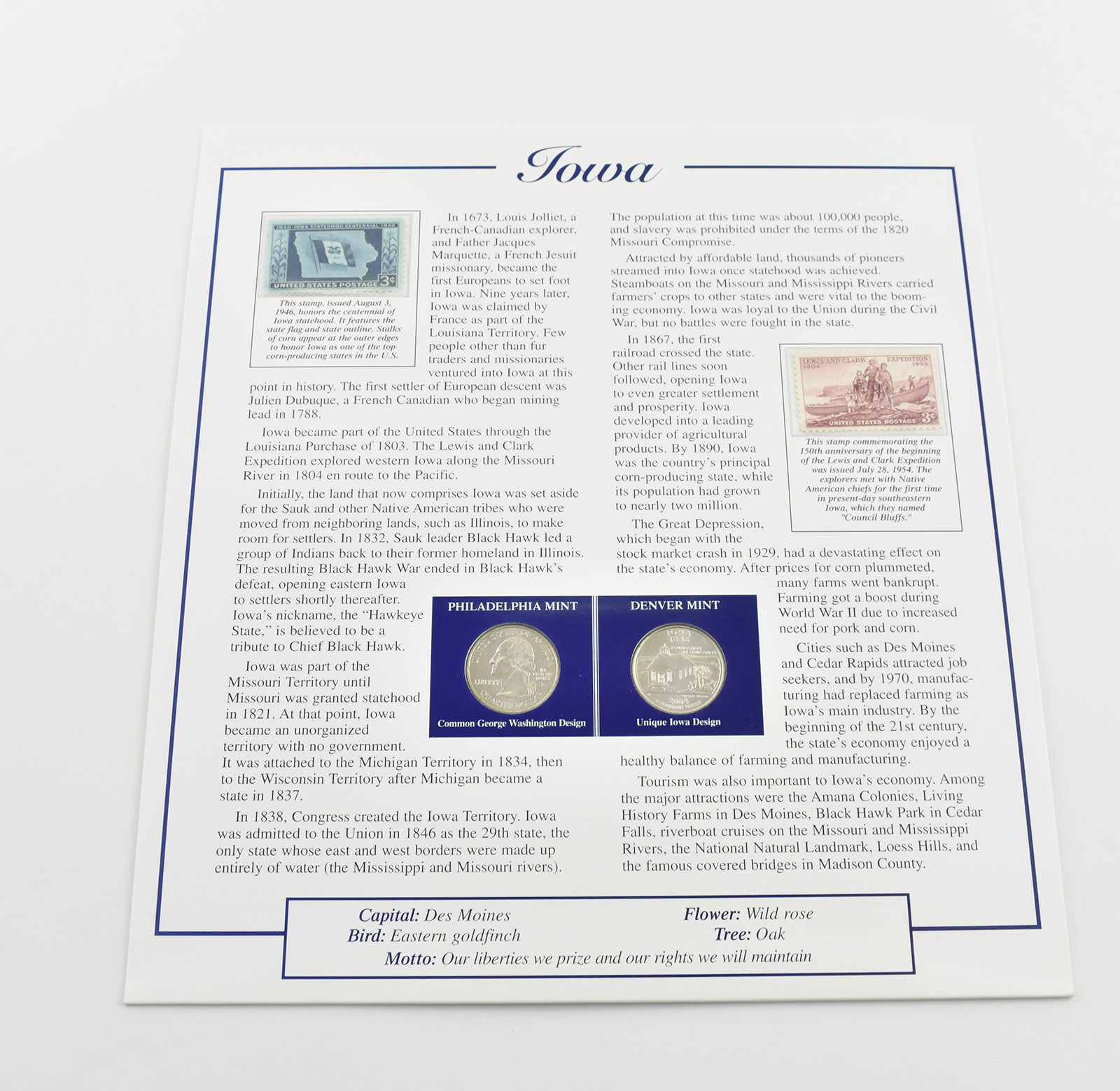 US Stamp & 2 CoinState Quarter Beautifully Displayed Coin Set Story ...