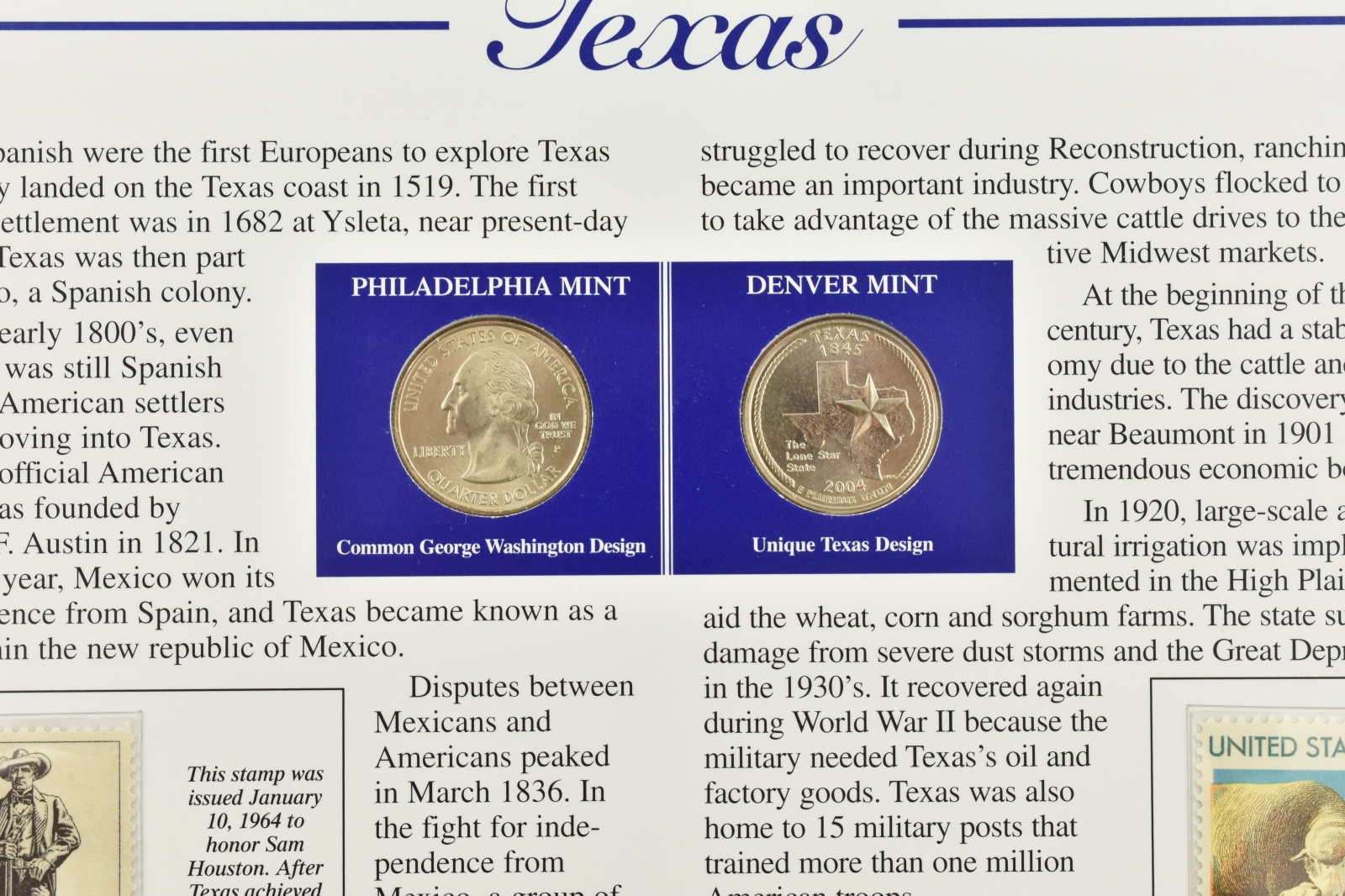 US Stamp & 2 CoinState Quarter Beautifully Displayed Coin Set Story ...