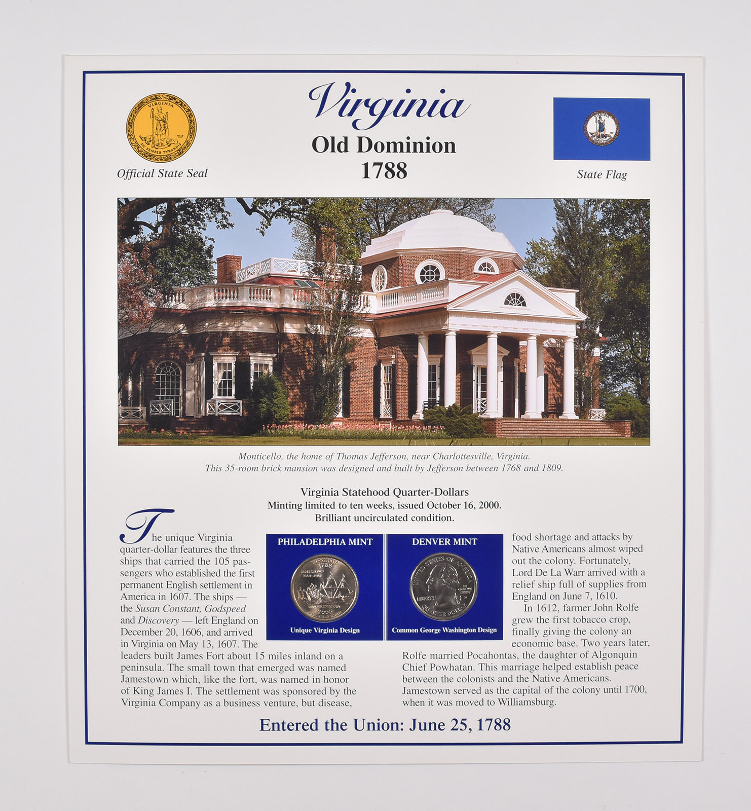 US Stamp & 2 CoinState Quarter Beautifully Displayed Coin Set Story ...