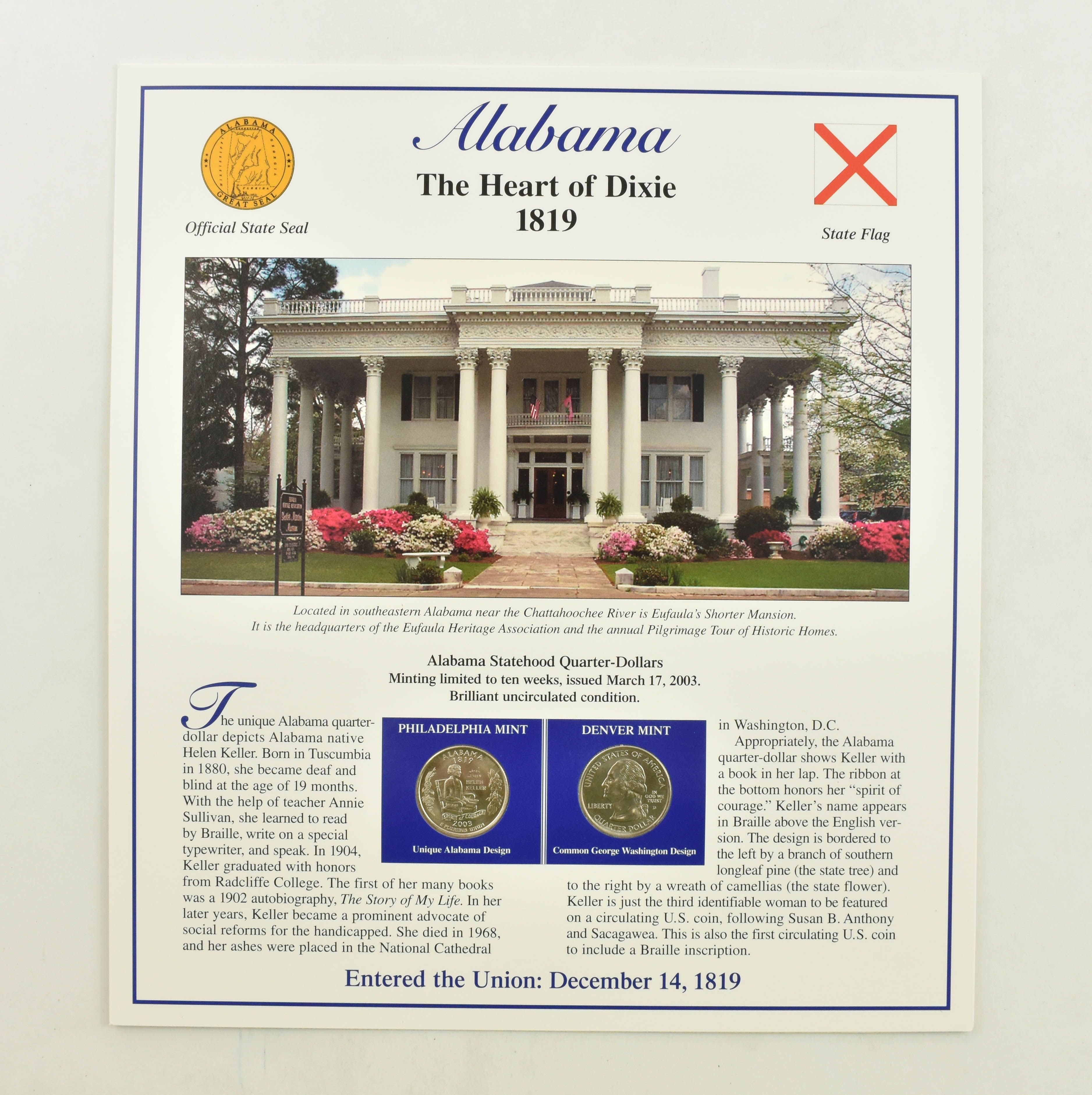 US Stamp & 2 CoinState Quarter Beautifully Displayed Coin Set Story ...