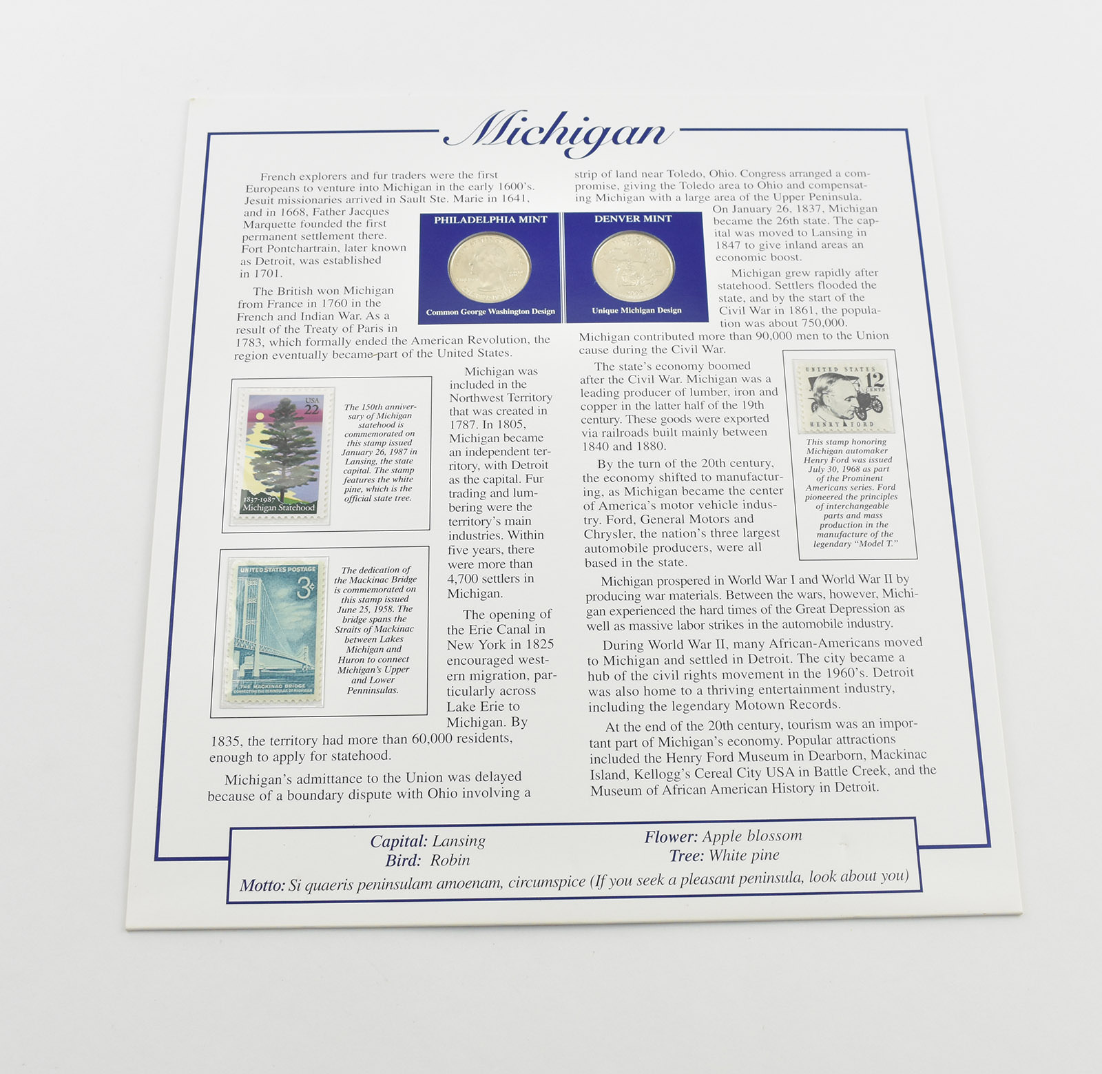 US Stamp & 2 CoinState Quarter Beautifully Displayed Coin Set Story ...