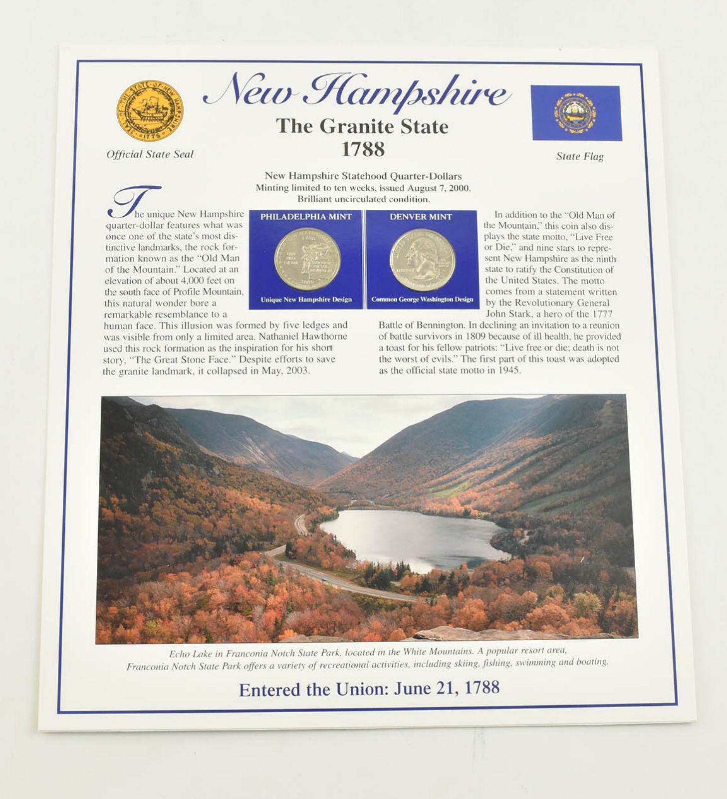 US Stamp & 2 CoinState Quarter Beautifully Displayed Coin Set Story ...