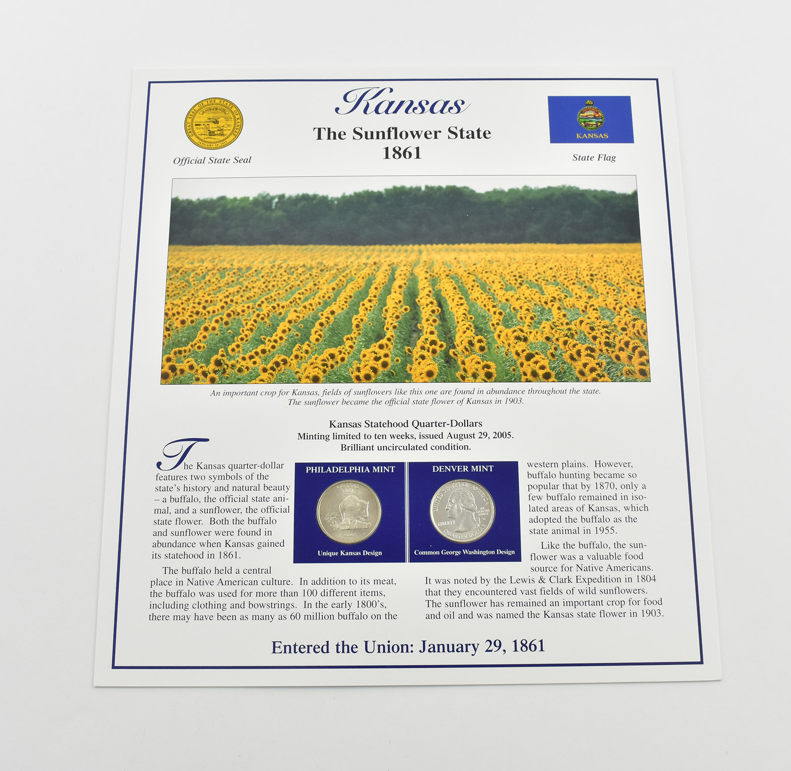 US Stamp & 2 CoinState Quarter Beautifully Displayed Coin Set Story ...