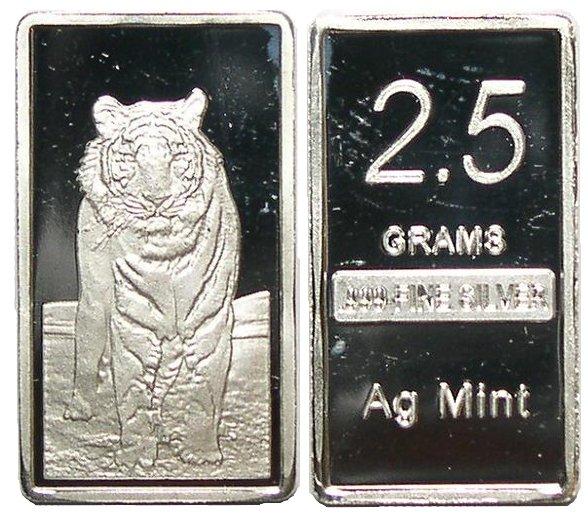 VERY RARE 2.5 Gram .999 Fine Silver Bar - Bengal Tiger Design - Ag Mint ...