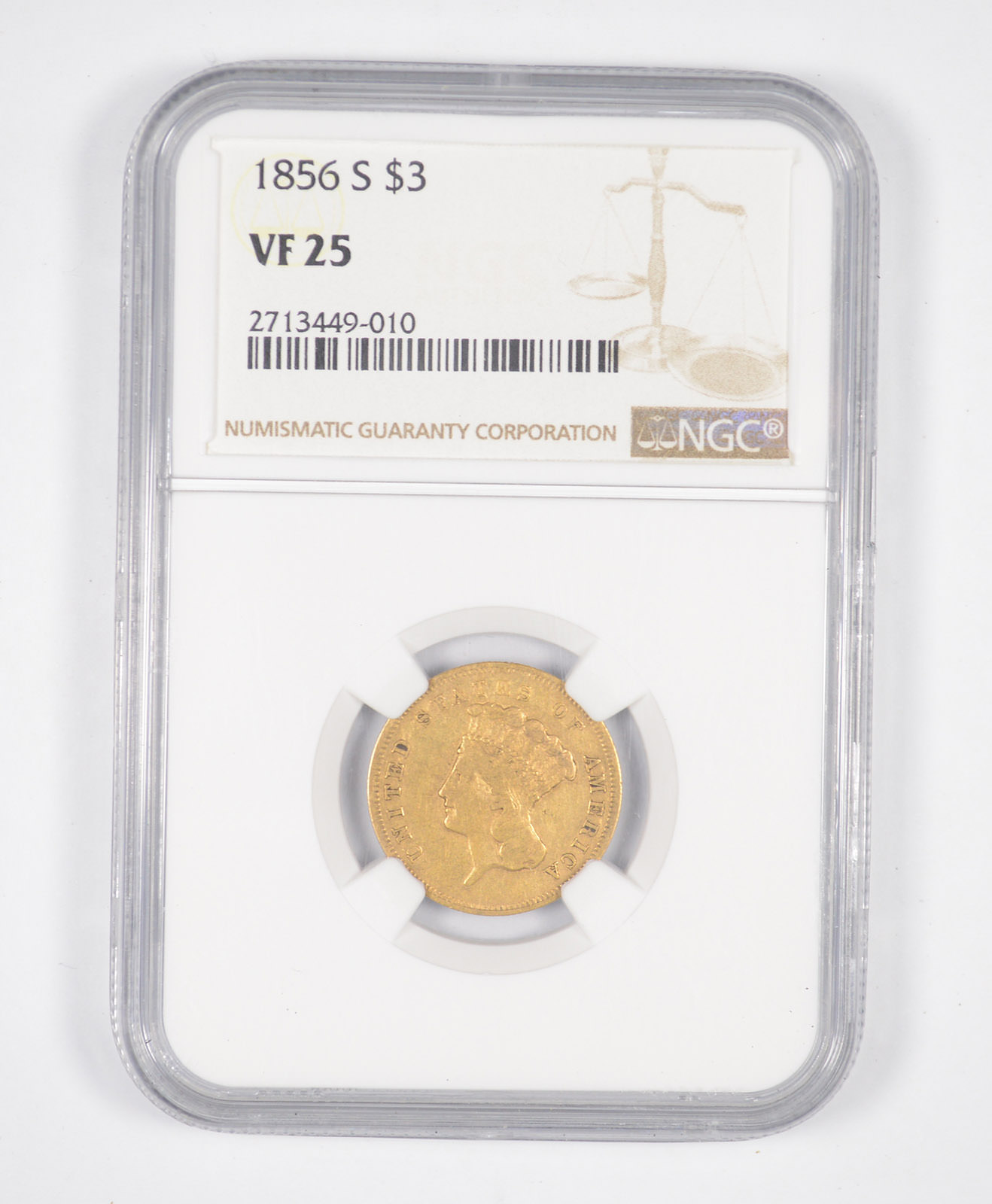 VF25 1856-S $3.00 $3 Indian Princess Head Gold - Graded NGC | Property Room