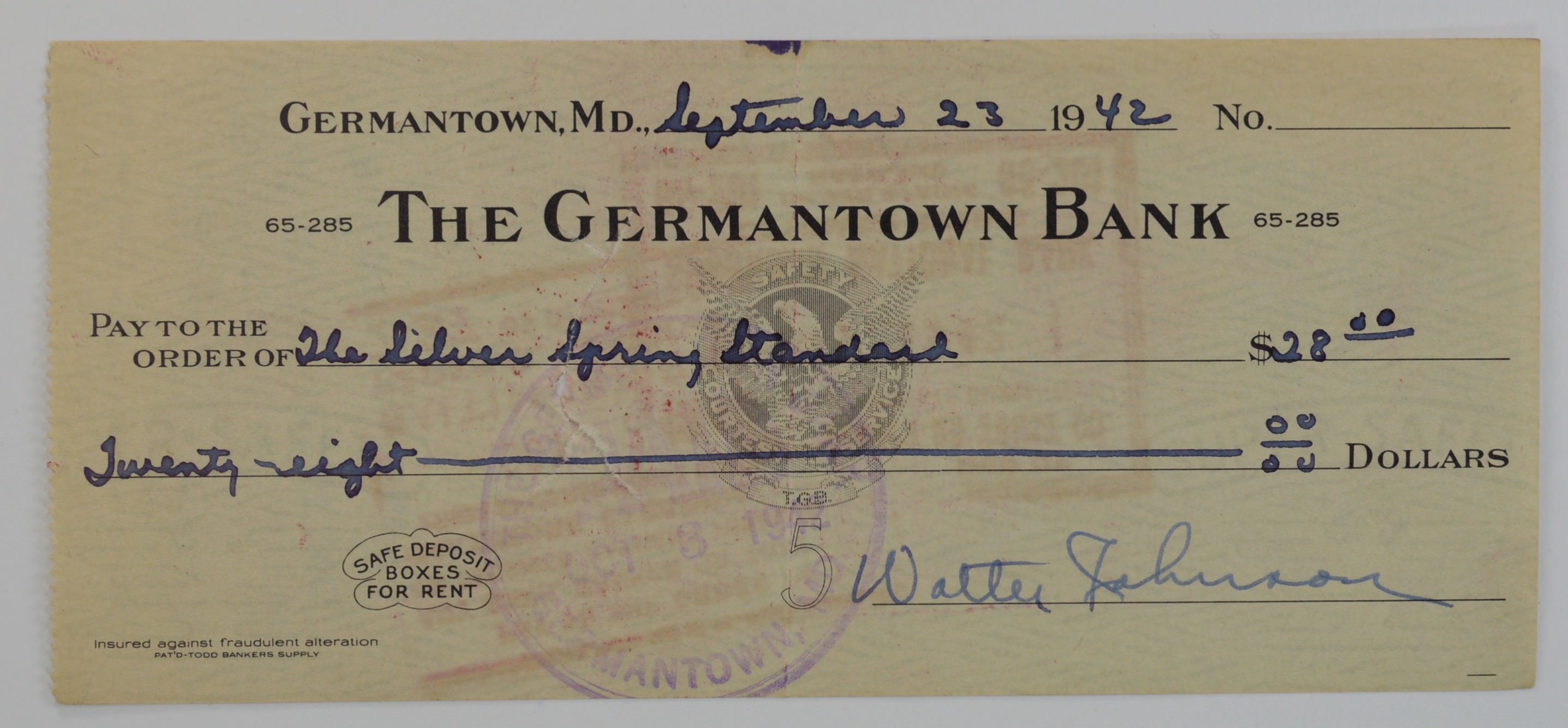 Walter Johnson Signed Check - Rare Signature - HOF Baseball | Property Room