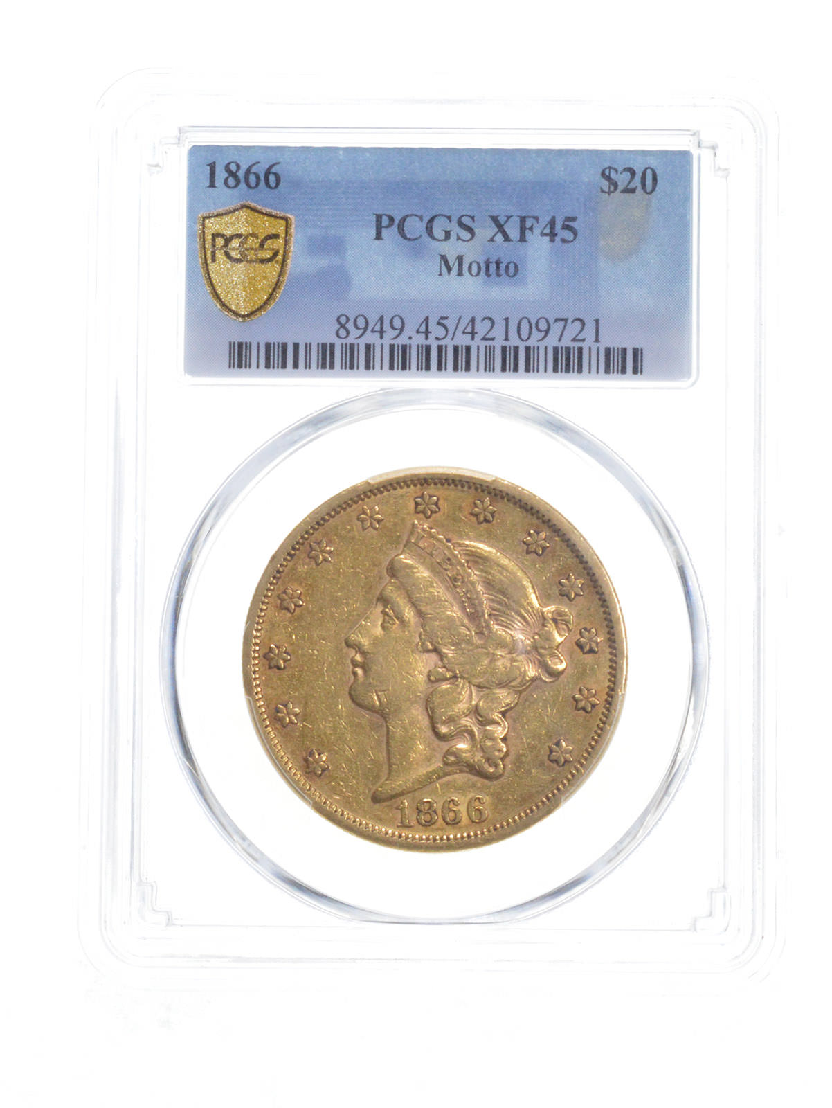 XF45 1866 $20 Liberty Head Gold Double Eagle - Motto - Graded PCGS | Property Room