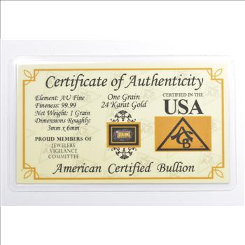 1 Grain 24K Gold Bar - American Certified Bullion - W/ COA | Property Room
