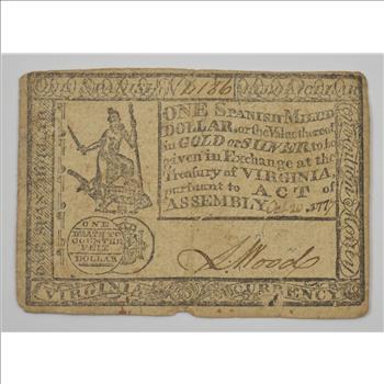 1777 One Dollar Virginia Colonial Currency VA-125 | Property Room