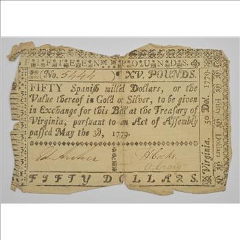 1779 50 Dollars Virginia Colonial Currency - VA-169 | Property Room