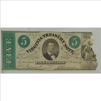 1800s $5 Dollar Virginia Treasury Note ***Condition | Property Room