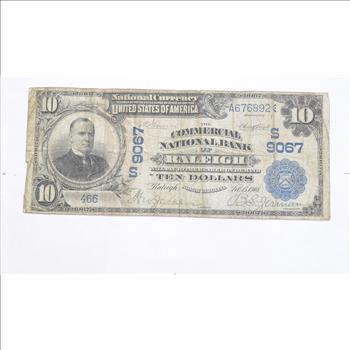 1908 $10.00 Commercial National Bank Of Raleigh National Currency ...