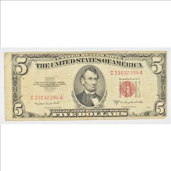 1953-B $5 United States Legal Tender Note - Red Seal - Off Center ...