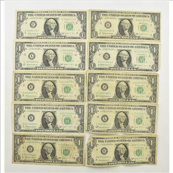 1963B $1 BARR Federal Reserve Notes Circulated Lot of 10 One Dollar ...