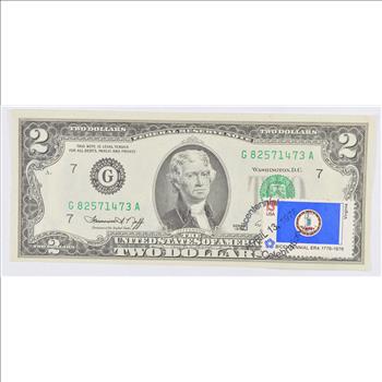1976 $2.00 Green Seal Note & Stamp - US Currency - Neat! | Property Room