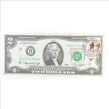 1976 $2.00 Green Seal Note & Stamp - US Currency - Neat! | Property Room