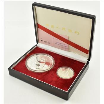 1987 China 10 Yuan 1 Oz & 50 Yuan 5 Oz Silver Panda Coin Set BOX & COA ...