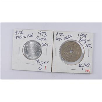 2 Better World Coins 1973 Greece 20 Lepta 1938 Belgium 25 Centimes | Property Room