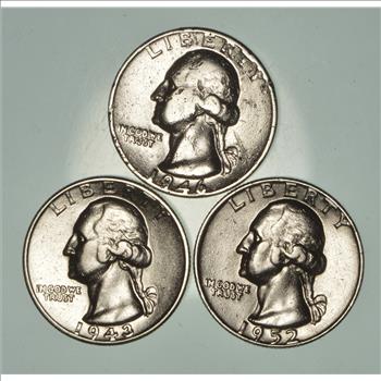 (3) Bright Shiny Washington Quarters - 1940's&50's 90% Silver Quarters ...