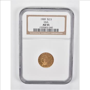 AU55 1909 $2.50 Indian Head Gold Quarter Eagle NGC GSA | Property Room