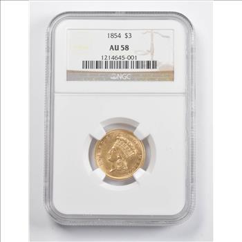 AU58 1854 $3 Indian Princess Head Gold Three Dollar Piece NGC | Property Room