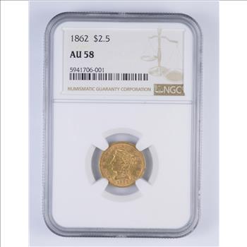 AU58 1862 $2.50 Liberty Head Gold Quarter Eagle - Graded NGC | Property Room