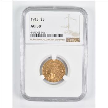 AU58 1913 $5 Indian Head Gold Half Eagle NGC | Property Room
