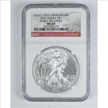 Graded - MS69 2011 Silver Eagle - Early Releases Eagle 25th Anniversary Holder - Graded By NGC ...