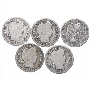 Lot 5 1907-S 1916 1916 1913 1913 Barber Dime Collection Set | Property Room