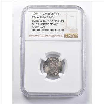 Mint Error MS67 1996 Lincoln Memorial Cent Over Struk On 1996-P Dime Double Denomination NGC ...