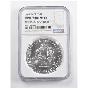 Mint Error MS69 1992 American Silver Eagle REV Struck Thru NGC | Property Room