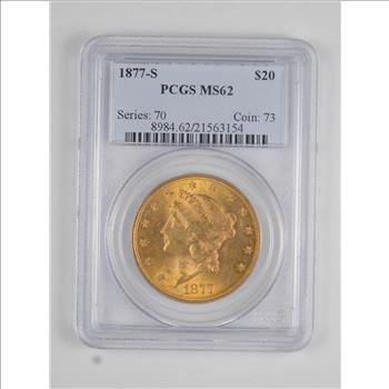 MS62 1877-S $20.00 Liberty Head Gold Double Eagle - PCGS Graded | Property Room