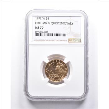 MS70 1992-W $5 Columbus Quincentenary Commemorative Gold Coin NGC ...