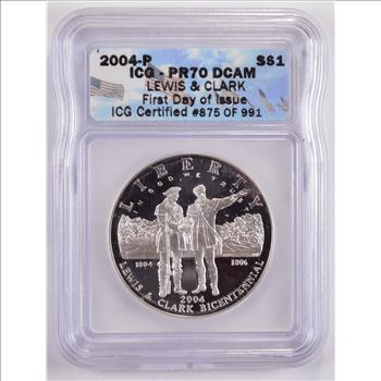 Perfect - PR70 DCAM First Day Of Issue 2004-P Lewis & Clark Silver Dollar - ICG Graded ...