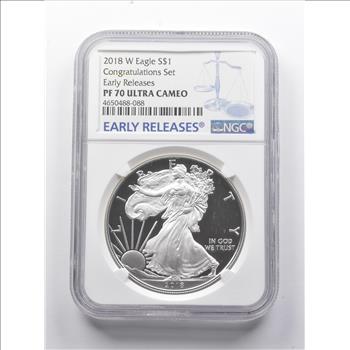 PF70 UCAM 2018-W American Silver Eagle ER Congratulations Set NGC ...