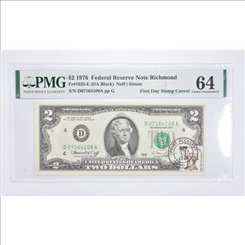 Rare PMG Graded 64 FR1935-E (DA Block) 1976 $2 Note Bill First Day ...