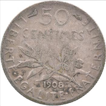 SILVER - Roughly the Size of a Dime - 1908 France 50 Centimes - World ...