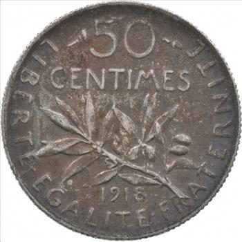 SILVER - Roughly the Size of a Dime - 1918 France 50 Centimes- World Silver Coin | Property Room
