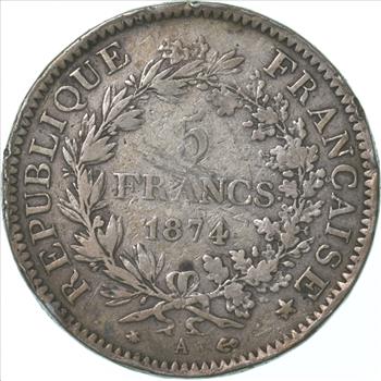 SILVER - WORLD COIN - 1874 France 5 Francs - World Silver Coin ...
