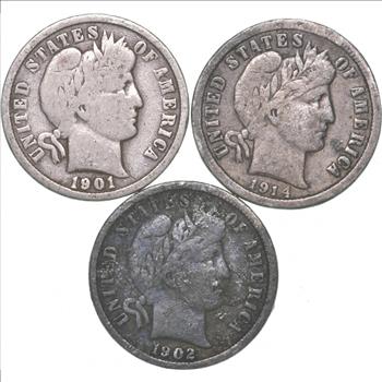 STRONG Lot 3 1901 1914 1902 Barber Dime Collection Set | Property Room