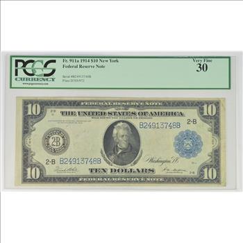 Tough 1914 $10.00 Federal Reserve Blue Seal Large Size US Currency Note ...