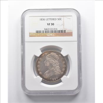 VF30 1836 Capped Bust Half Dollar Lettered 50/00 NGC | Property Room