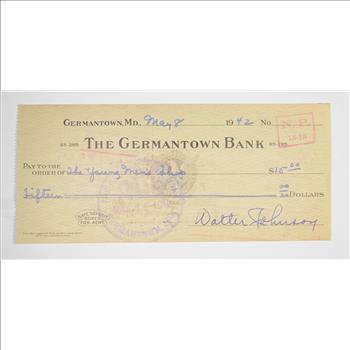 Walter Johnson Washington Senators Signed/Autographed Bank Check 1941 ...