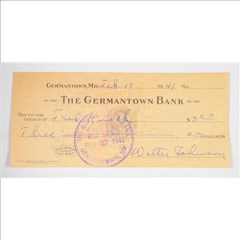 Walter Johnson Washington Senators Signed/Autographed Bank Check 1941 ...