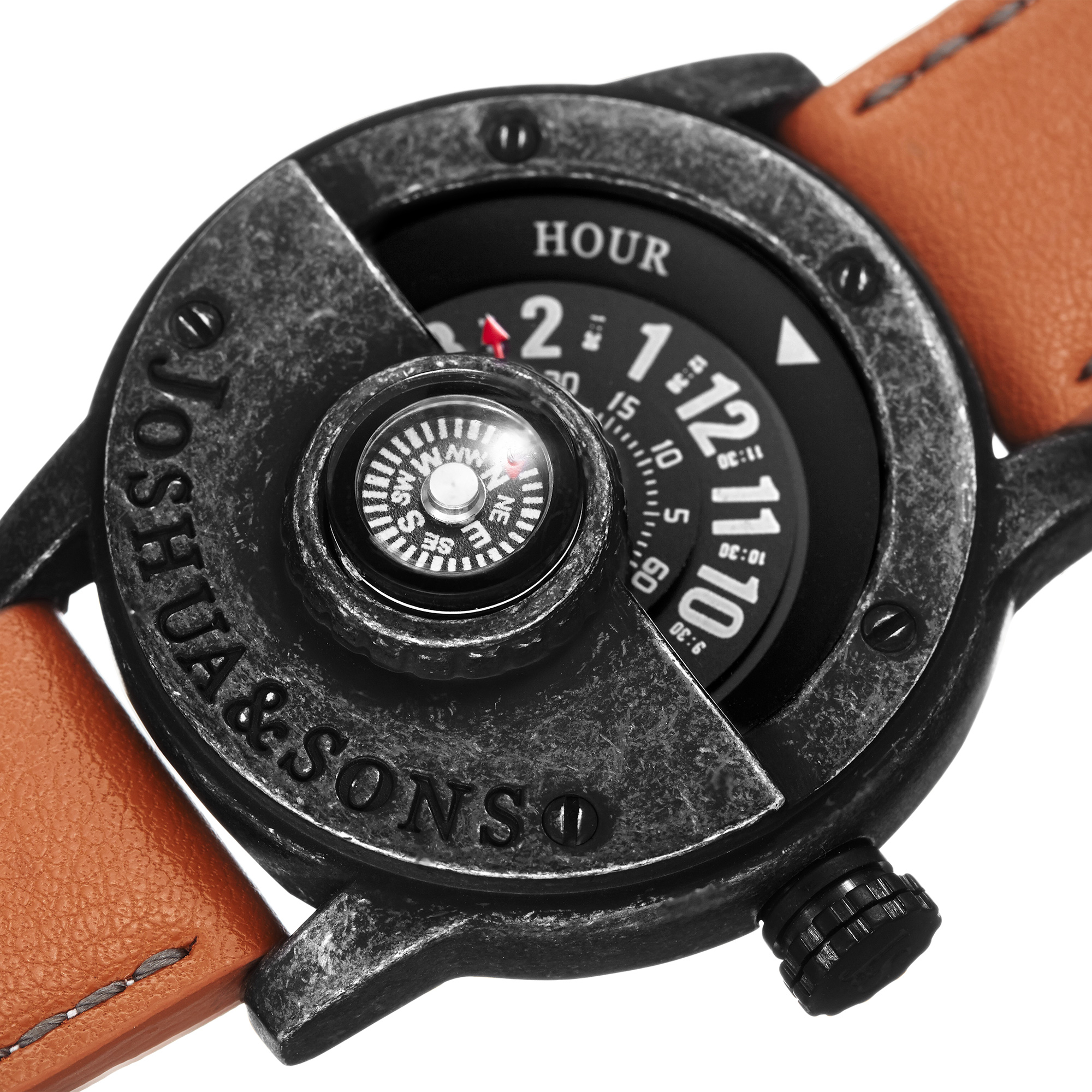 Joshua & Sons Men's brown strap watch with a compass. Black antique ...