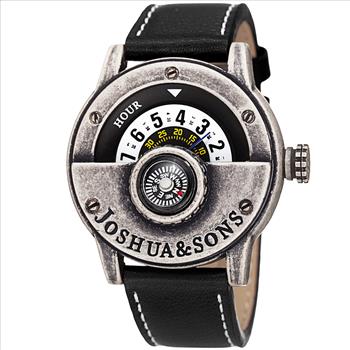 Joshua & Sons Men's black strap watch with a compass. Silver antique ...